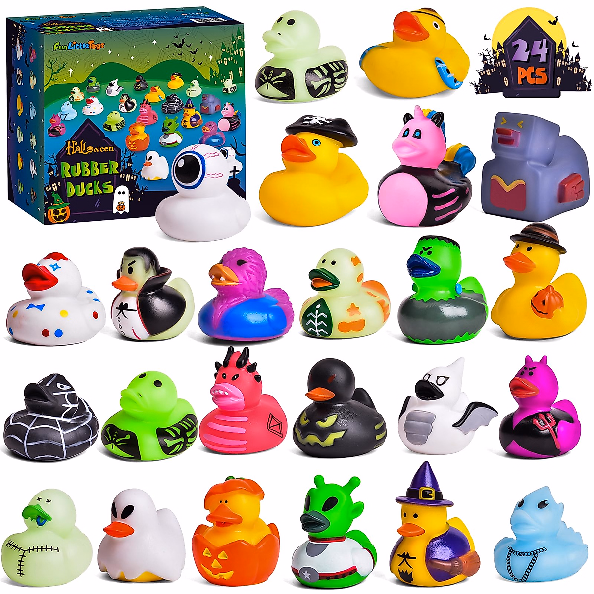 FUN LITTLE TOYS 24 PCS Halloween Rubber Ducks in Bulk for Kids, Assorted Rubber Duck Toy Duckies for Fun Bath Toys, Trick or Treat Fillers, Halloween Party Favors, Halloween Themed Bathtub Toys