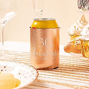 Crisky 30 Fabulous Can Cooler Rose Gold 30th Birthday Decorations Beer Sleeve Party Favor, Can Covers with Insulated Covers, 12-Ounce Neoprene Coolers for Soda, Beer, Can Beverage, 12 Rose Gold
