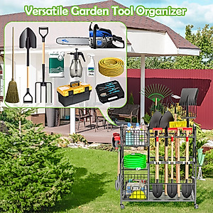 Felnuhee Garden Tool Organizer for Garage, 3 Tier Utility Yard Tool Organizer and Storage Holder with Wheels, Large Garden Tool Rack with Extra Storage Basket for Garden/Shed/Garage/Yard/Basement/Lawn