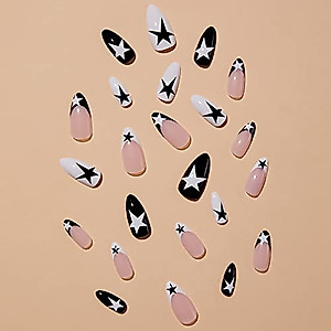 24 Pcs Press on Nails Medium Almond Fake Nails French Tip Black White Stars Designs False Nails with Black White Glossy Acrylic Full Cover Nude Acrylic Nails Reusable Artificial Nails for Women Girls