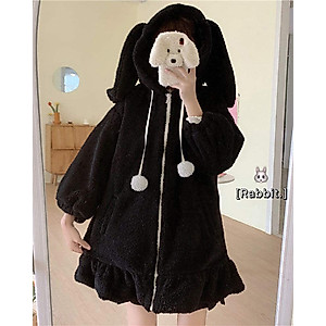 BZB Kawaii Anime Bunny Ear Hoodies For Women Sweet Lovely Fuzzy Fluffy Rabbit Sweater Tops Cosplay Jacket Coats Black