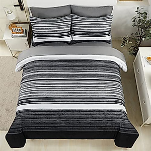 KAKIJUMN 7 Piece Bed in a Bag Stripe Comforter Set Full Size, White Grey Black Patchwork Striped Comforter and Sheet Set, All Season Soft Microfiber Complete Bedding Sets(Grey,Full)