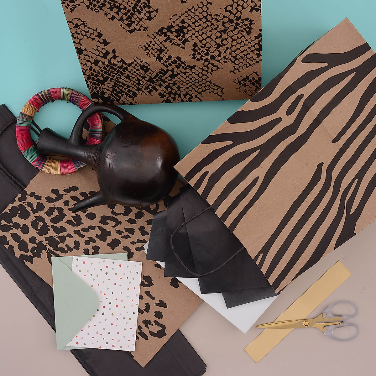Brown Paper Gift Bags - 10x5x13 Inch 50 Pack Brown Animal Print Medium Bags with Handles, Cheetah, Zebra, Leopard, for Shopping, Groceries, Small Business, Retail, Take-Out, Merchandise, Parties, Events