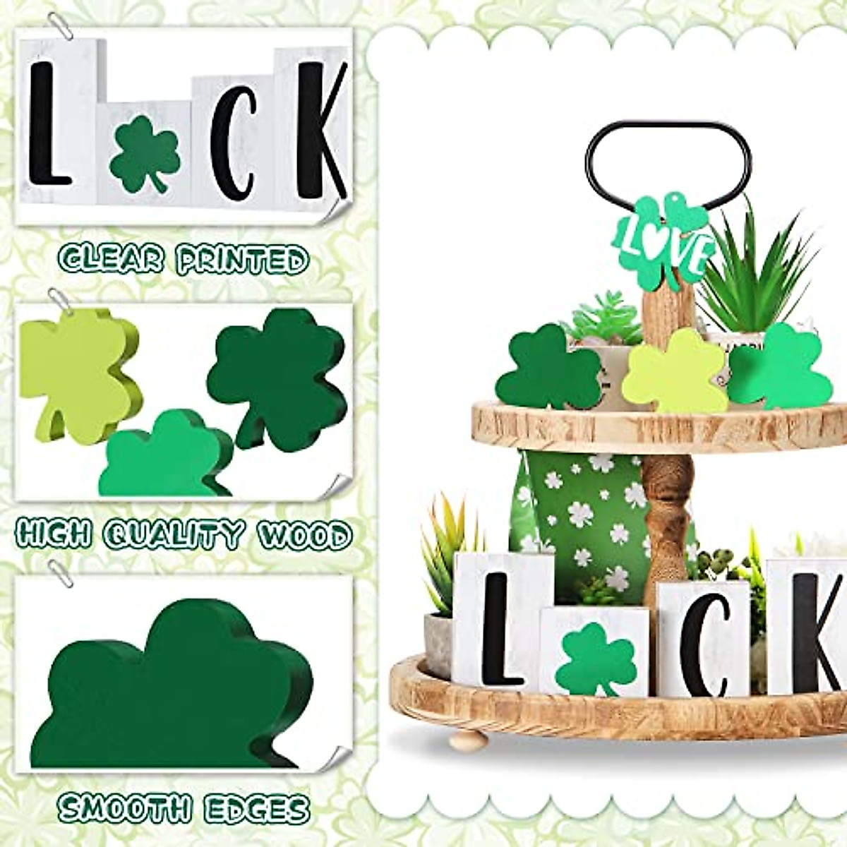 7 Pcs St. Patrick’s Day Tiered Tray Decor Lucky Shamrock Table Wooden Signs Lucky Letter Sign Freestanding Wooden Luck Blocks Shamrock Wood Letters Block for Irish Home Party Decor