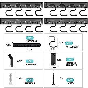 TORACK 64 Inch Garage Hooks Tool Organizer, Adjustable Wall Mounted Garage Hanger Storage System (16 Hooks & 16 Pegs)