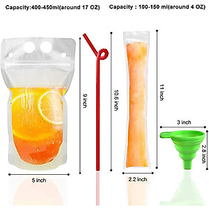 Ucio 100 Pcs Drink Pouches with 100 Straws, Juice Pouches with 30Pcs Disposable Freezable Ice Popsicle Mold Bags, Drink Pouches for Adults and Kids, Clear Pouch for Cold & Hot Drinks (100Pcs)
