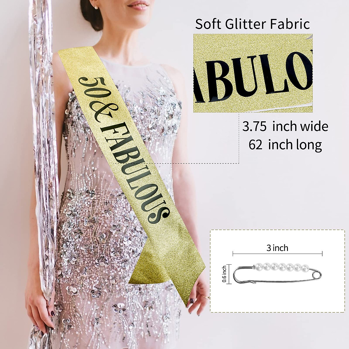 50th Birthday Celebration Set - Gold Pearl Pin, Crown, and Sash - Fabulous Party Favors for Women