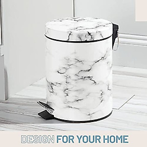 AWENN - Kitchen Garbage Trash Can with Lid and Pedal - Touchless Round Shape Waste Bin - Galvanized Steel Dustbin for Kitchen, Bathroom, Office and Outdoors – Marble (1.3 Gallon – 5 Liters)