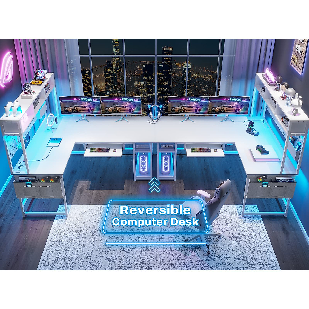 SEDETA White L Shaped Gaming Desk, Reversible Corner Desk with Power Outlet and Pegboard, L Shaped Desk with Hutch, Storage Shelf, Keyboard Tray, and LED Lights for Home Office, White