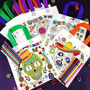 HOWAF Day of The Dead Coloring Gift Bags with 24 （12 Colors） Paint Pens, 12pcs Color Your Own Sugar Skull Tote Bags Dia De Los Muertos Non-Woven DIY Bags for Mexican Halloween Party Favors Activity