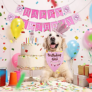 Dog Birthday Party Supplies for Girls, Dog Birthday Outfit - Dog Birthday Bandana, Adjustable Dog Birthday Hat, Wearable Dog Bowtie, Tutu Skirt, Happy Birthday Banner and Cake Fork (Pink)