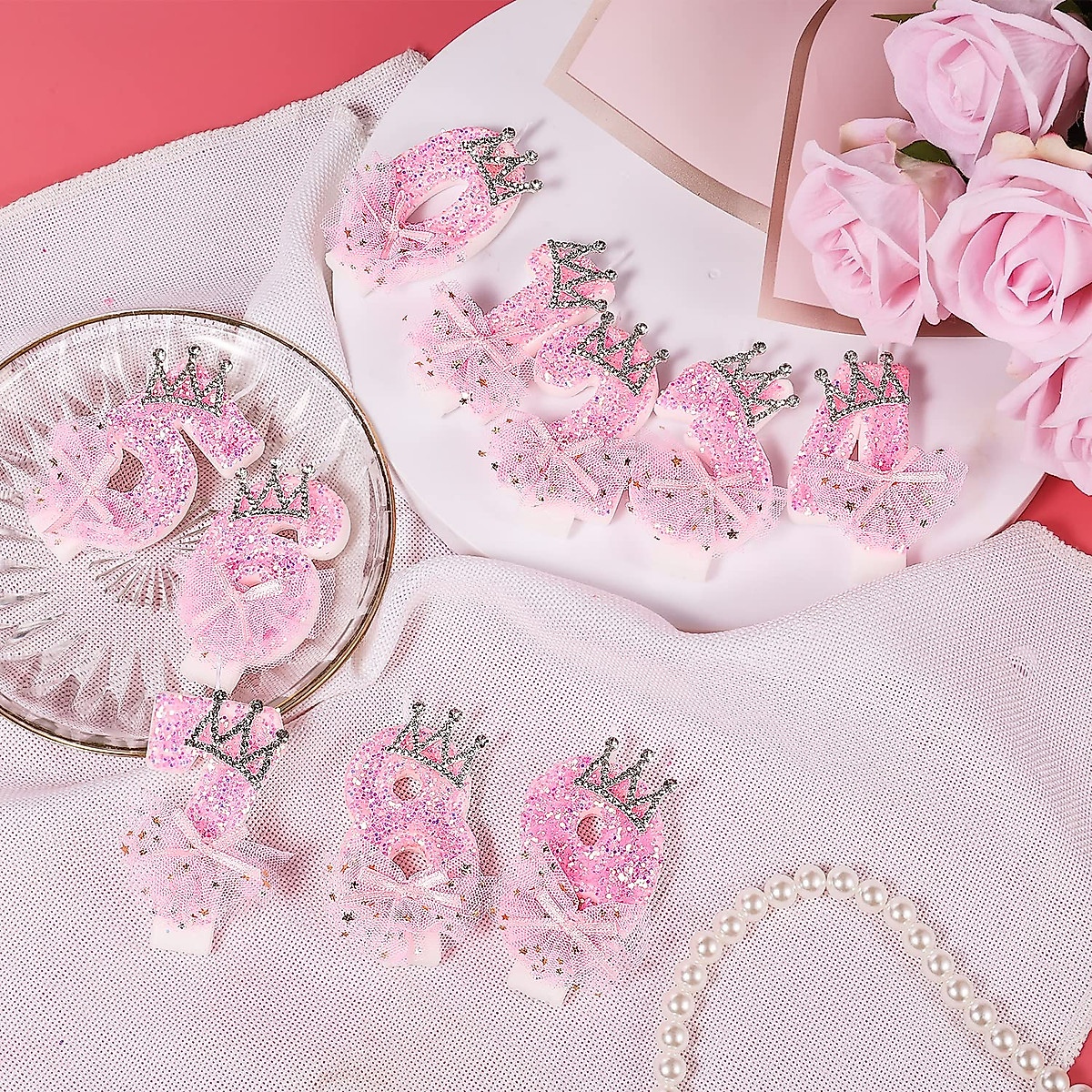 Birthday Number Candles, 2.95 Inch Crown Bow Mesh Candle Glitter Pink Number Candles Cake Topper Birthday Candles with Sequins for Anniversary Celebrations Supplies (Number 1)