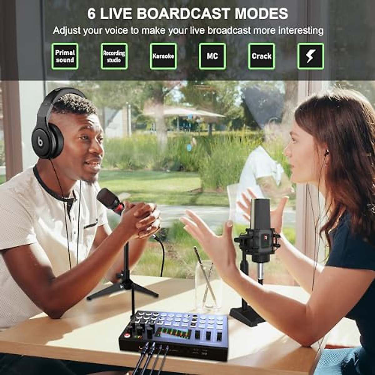 RHM Podcast Equipment Bundle, All-in-One Audio Interface DJ Mixer with Microphone, Stand, Monitor Earphone, Audio Mixer With Sound card for PC/Laptop/Phone, Streaming/Podcasting/Gaming