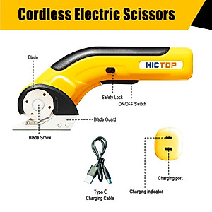 HICTOP Electric Scissors Cordless Cardboard Cutter Heavy Duty with Safety Lock 4.2V Rechargeable Electric Scissors for Thick Cardboard, Carpet, Leather, Plastic, Fabric, Crafting, etc.