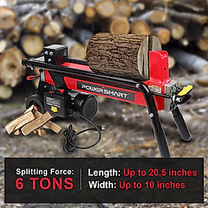 PowerSmart Electric Log Splitter 6-Ton - Efficient Wood Splitter with 3500 Motor Speed, 15 Amp, Horizontal Full Beam Design and Steel Wedge for Firewood & Kindling Cutting