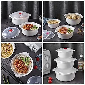 DEARMAMY Microwavable Bowls 3pcs Microwave Bowl with Lid and Steam Vents Plastic Food Storage Containers Kitchen Prep Bowls Office Lunch Box Airtight Storage Bowls White Microwave Soup Bowl