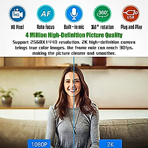 2K HD Webcam, Full HD Webcam with Microphone, 360° Adjustable & AF, with Privacy Cover, Plug and Play, USB Computer Camera for Conferencing, Video Calling, Game Live