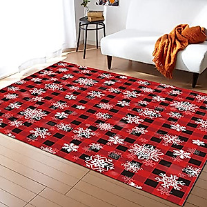 Christmas Snowflake Area Rug, Anti-Slip Rug 2'x3', Stain Proof Rugs for Living Room, Soft Foldable Lightweight Machine Washable Area Rug Comfy Carpet, Merry Xmas Red Black Plaid