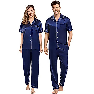 SWOMOG Women Satin Silk Pjs Sets Short Sleeve Top & Pants Soft Loose Loungewear Matching Couple Pajamas Sets Navy Blue