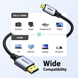 UGREEN 4K Micro HDMI to HDMI Cable 3.3FT, Aluminum Shell Braided 18Gbps 4K 60Hz HDR 3D ARC Compatible with GoPro Hero 7 6 5 Raspberry Pi 5 Portable Monitor Camera Nikon Yoga 3 Pro