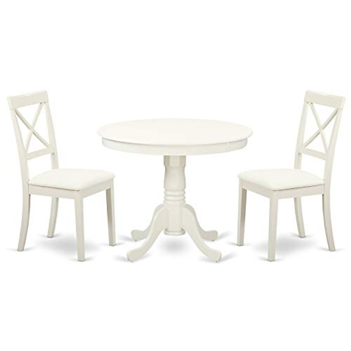 East West Furniture ANBO3-LWH-LC 3 Piece Modern Set Contains a Round Table with Pedestal and 2 Faux Leather Kitchen Dining Chairs, 36x36 Inch, Linen White