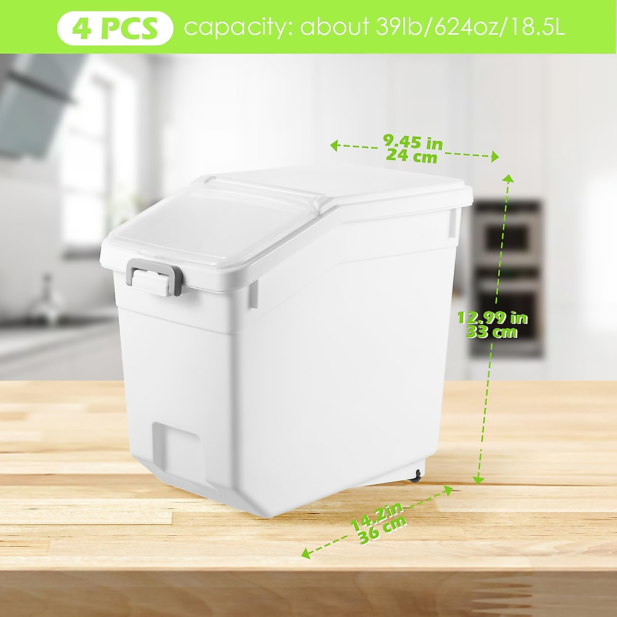 Sunnyray 4 Pack Rice Food Storage Container, 38.5 lb Airtight Flour Storage Bins with Scoop, Large Storage Boxes with Wheels for Dry Food, Grain, Sugar, Cereal, PET Food