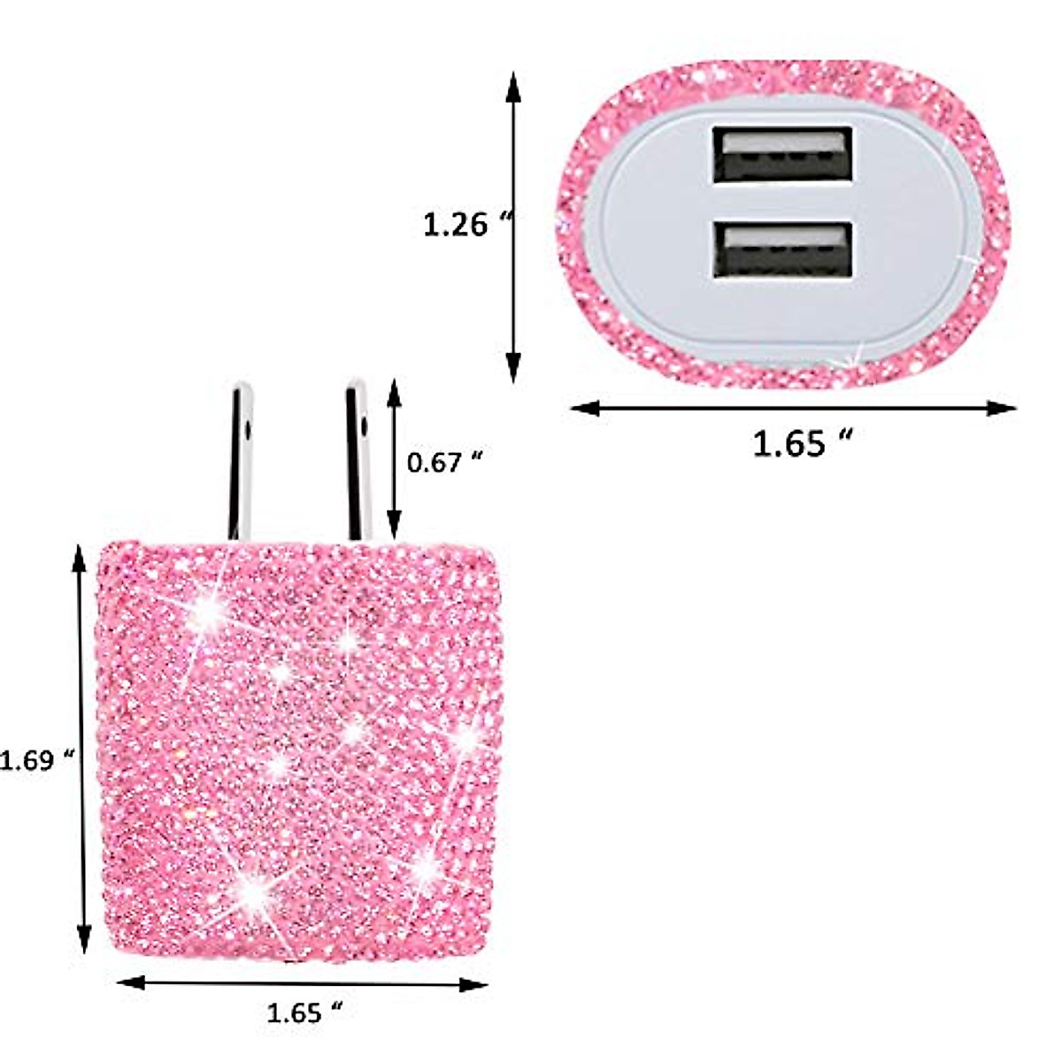 USB Wall Charger Bling 5V/2.4A 24W Dual Port Fast Charger Plug Cell Phone Block Adapter Pink for iPhone Android Samsung iPad Tablet etc.