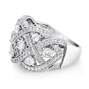 BERRICLE Sterling Silver Woven Cubic Zirconia CZ Statement Art Deco Cocktail Fashion Ring for Women, Rhodium Plated Size 7