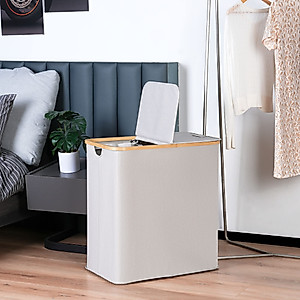 efluky Double Laundry Hamper with Lid, Divided Laundry Hamper with Removable Bags, 2 Section Dirty Clothes Basket with Handles for Bathroom, Bedroom & Laundry Room, 140L Light Grey