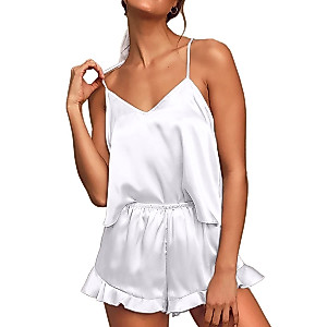 CHYRII Womens Ruffled Silk Sleepwear Racerback Cami Shorts Pajamas Sets Camisole Nightwear White XL