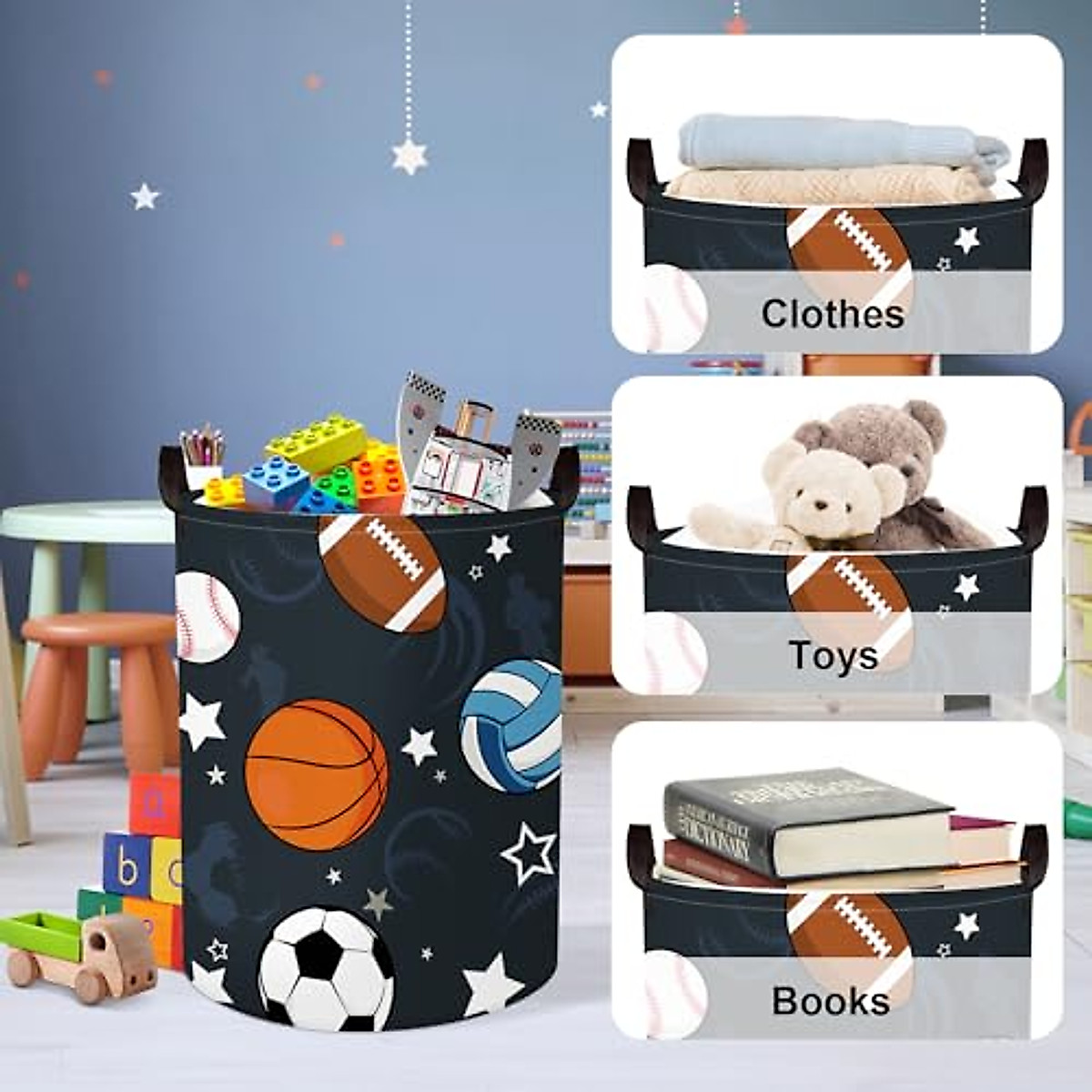 Clastyle 45L Waterproof Sports Laundry Basket with Drawstring Collapsible Football Basketball Storage Laundry Hamper for Bedroom, 14.2 * 17.7 in