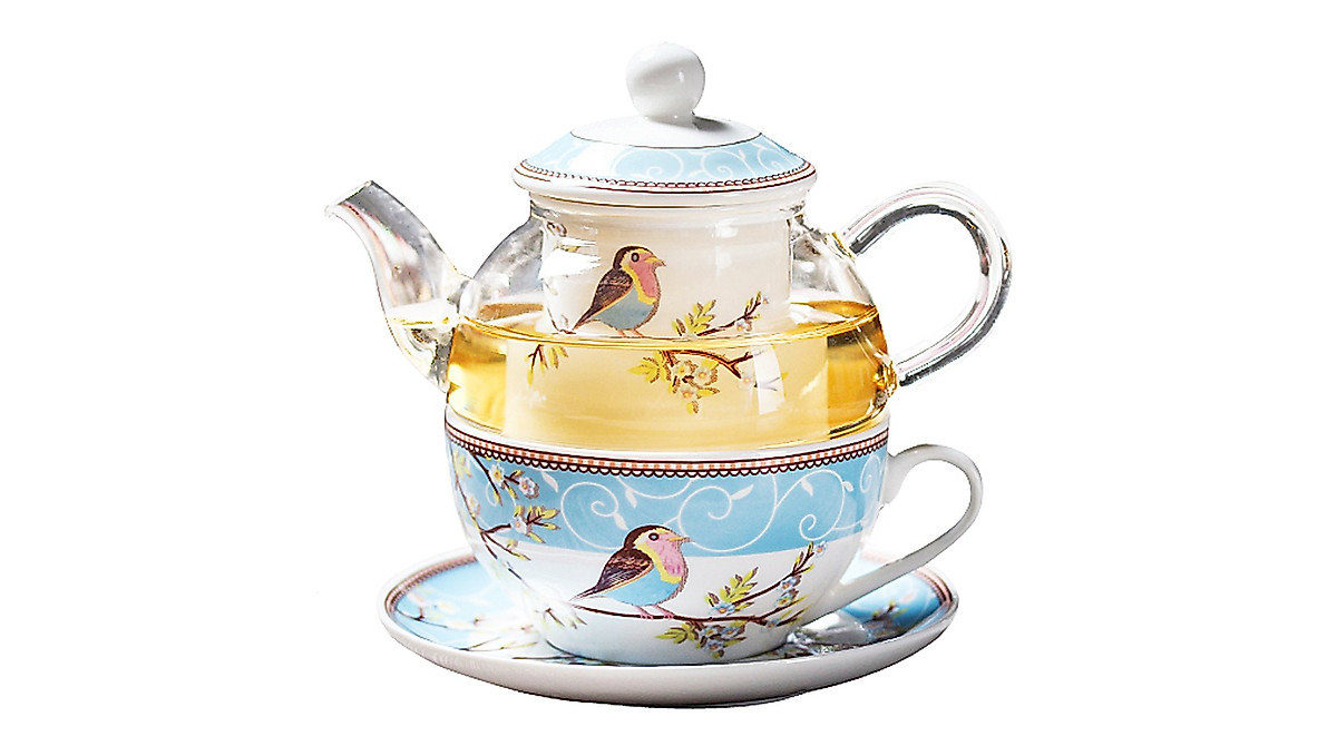Elegant Jusalpha Blue Glass Teapot & Cup Set