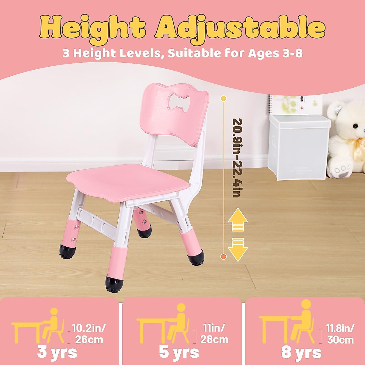 FUNLIO Kids Table and 2 Chairs Set, Height Adjustable Toddler Table and Chair Set for Ages 3-8, Easy to Wipe Arts & Crafts Table, for Classrooms/Daycares/Homes, CPC & CE Approved (3pcs Set) - Pink