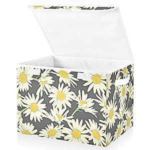ZRWLUCKY Floral Pattern Camomile Cute White Storage Bins with Lids and Handle Durable Collapsible Storage Container Bin for Playroom, Office, Kids, Nursery