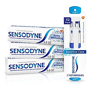 Sensodyne Extra Whitening Toothpaste - 4 Oz x 3 and Soft Toothbrush Pack - 2 Count Bundle
