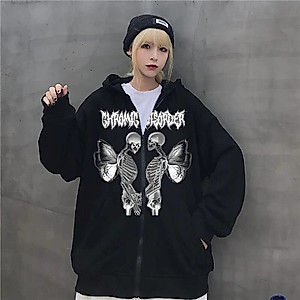 CosTribe Women's Y2K Zip Up Hoodies Novelty Aesthetic Skeleton Graphic Pullover Casual Cardigan Sweatshirt Tops with Pocket (Black,XXL)