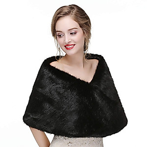 Haloty Wedding Faux Fur Shawl 1920s Women Fur Shawls and Wraps Bride Fur Stole Bridal Faux Fur Capelet Fur Cape Fur Shrug with Brooch for Women and Girls(Black)