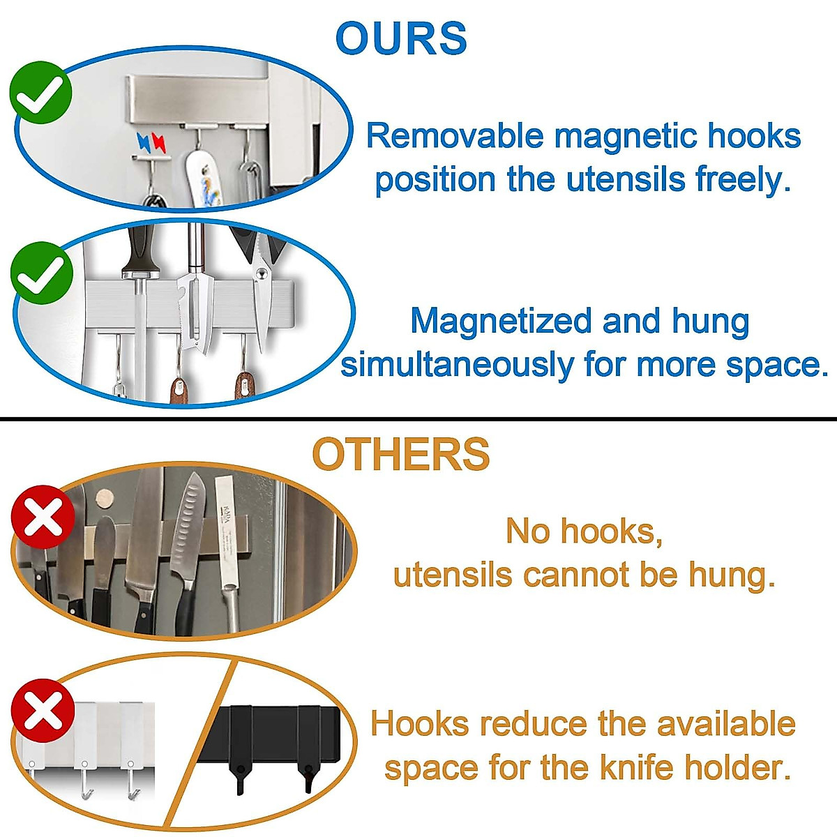 HomeSimplex 16 Inch Magnetic Knife Holder for Refrigerator - Knife Magnetic Strip for Fridge with Magnetic Hooks - Double Sided Magnetic Knife Bar - Stainless Steel Kitchen Magnetic Knife Hanger Rack