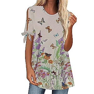 Womens Summer Tops 2023 3/4 Sleeve Women's 2023 Trendy Henley Short Sleeve Tops Gradient Floral Casual Summer Shirt Blouse Swing Tunic Tops Shirts Beige XL