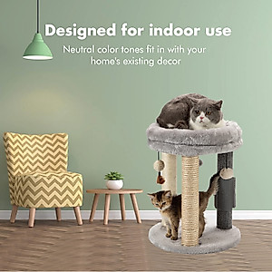 MECOOL 4in1 Small Cat Tree,Scratching Post with Tower Soft Cat Bed, Sisal Carpet Jute Posts with Three Hanging Ball Toys and Massage Brush for Indoor Cats and Kittens