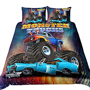 Suncloris,3D Monster Truck Home Bedding,Crushing on Car Freestyle Monster Truck Duvet Cover Sets.Included: Duvet Cover,Pillowcase(no Comforter Inside) (Twin)