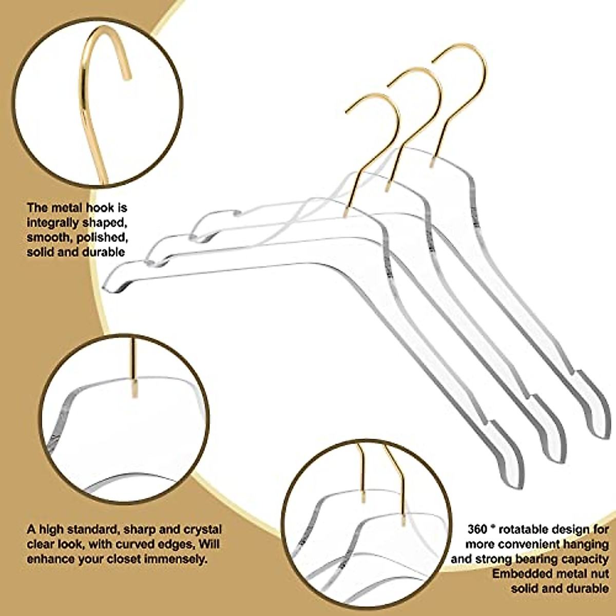 Quality Acrylic Lucite Clear Hangers, Made of Clear Acrylic for a Luxurious Look and Feel with Swivel Hook (Clear - Gold Hook, 5)