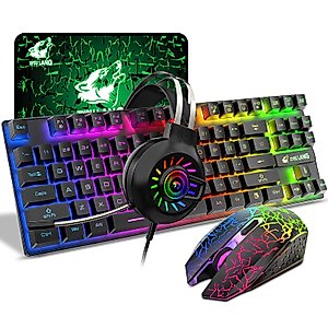 ZIYOU LANG Wireless Gaming Keyboard Mouse and Wired Headphone with Ergonomic 87Key Rainbow Backlight Rechargeable 3800mAh Battery Mechanical Anti-ghosting Mouse pad for PC Laptop Gamer Typist(Black)