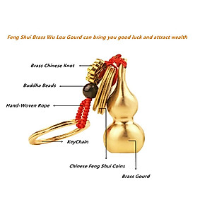 3 Pieces Gourd Brass Keychains,Feng Shui Luck Coins with Brass Calabash Wu Lou Key Ring for Good Luck , Wealth Success & Longevity , Blessing Paper in it, Gold, 2x2x4 inches