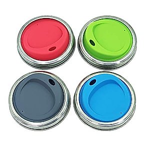 THINKCHANCES Reusable Food Grade BPA Free Silicone Sip Coffee Juice Drinking Lid Kit with Stainless Steel Rings for Mason, Ball, Canning Jars, Pack of 4 Sets (Regular Mouth,Oval Drinking Hole)