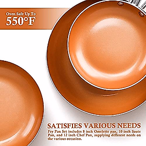 SHINEURI 6 Pieces Nonstick Copper Pans with Lid Copper Frying Pans Copper Nonstick Frying Pans Copper Pans with Lid Copper Skillets with Lid Ceramic Fry Pan Copper Pans for Cooking - 8/9.5/11 inch