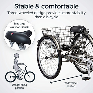 Schwinn Meridian Adult Tricycle Bike, Mens and Womens Three Wheel Beach Cruiser, 26-Inch Wheels, Low Step-Through Frame, Wide Seat, Rear Folding Basket, 1-Speed, Dark Silver