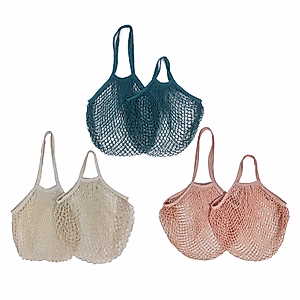 Cotton String Shopping Bags Reusable Washable Grocery Mesh Bags Organizer for Grocery Net Bags with Longhandle for Fruit Vegetable Storage, 6 Pack