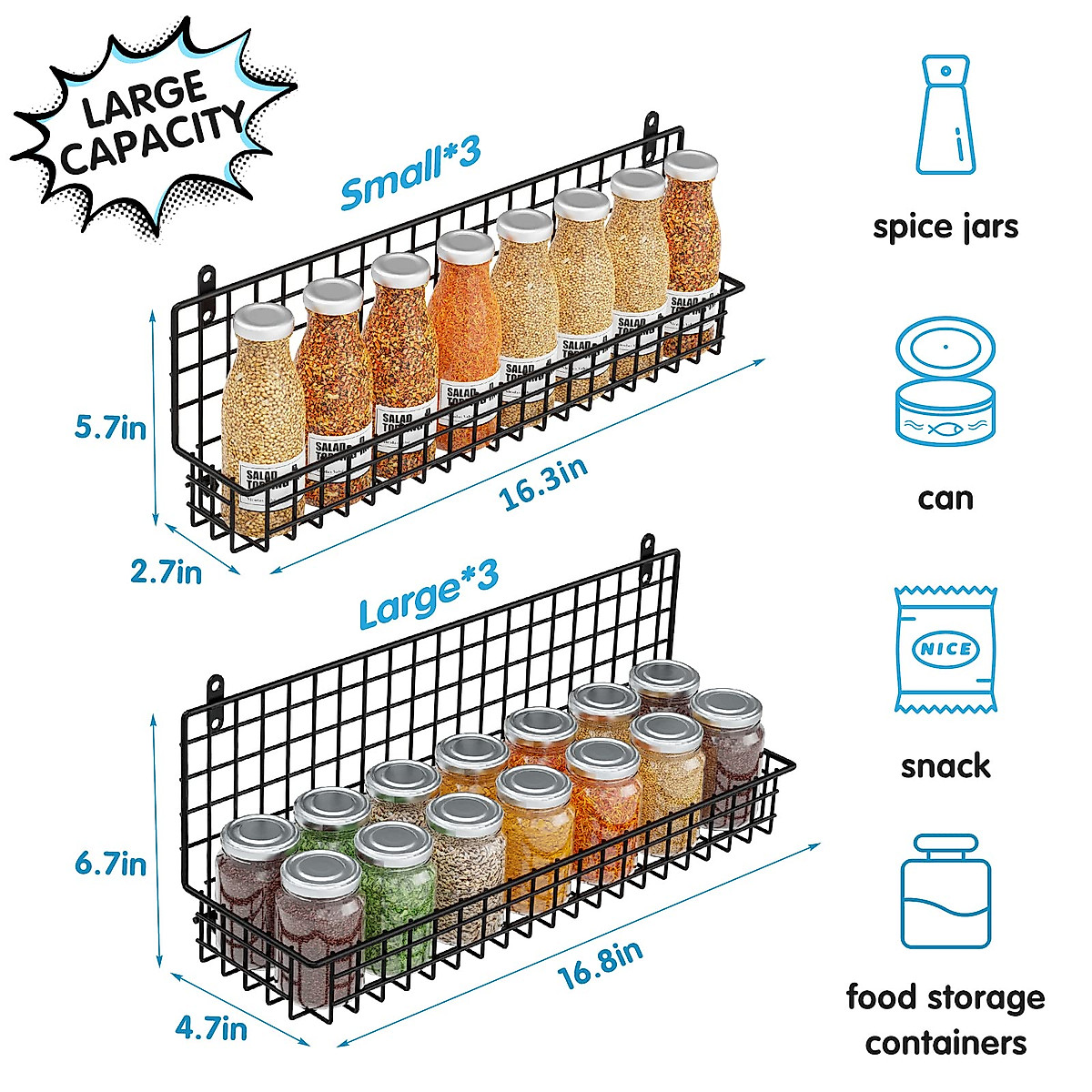 JKsmart 6-Tier Spice Rack Organizer with Door Hook, Wall Mounted & Over the Door Spice Racks for Kitchen Pantry Door Cabinet, Two Size, Large Capacity, Black