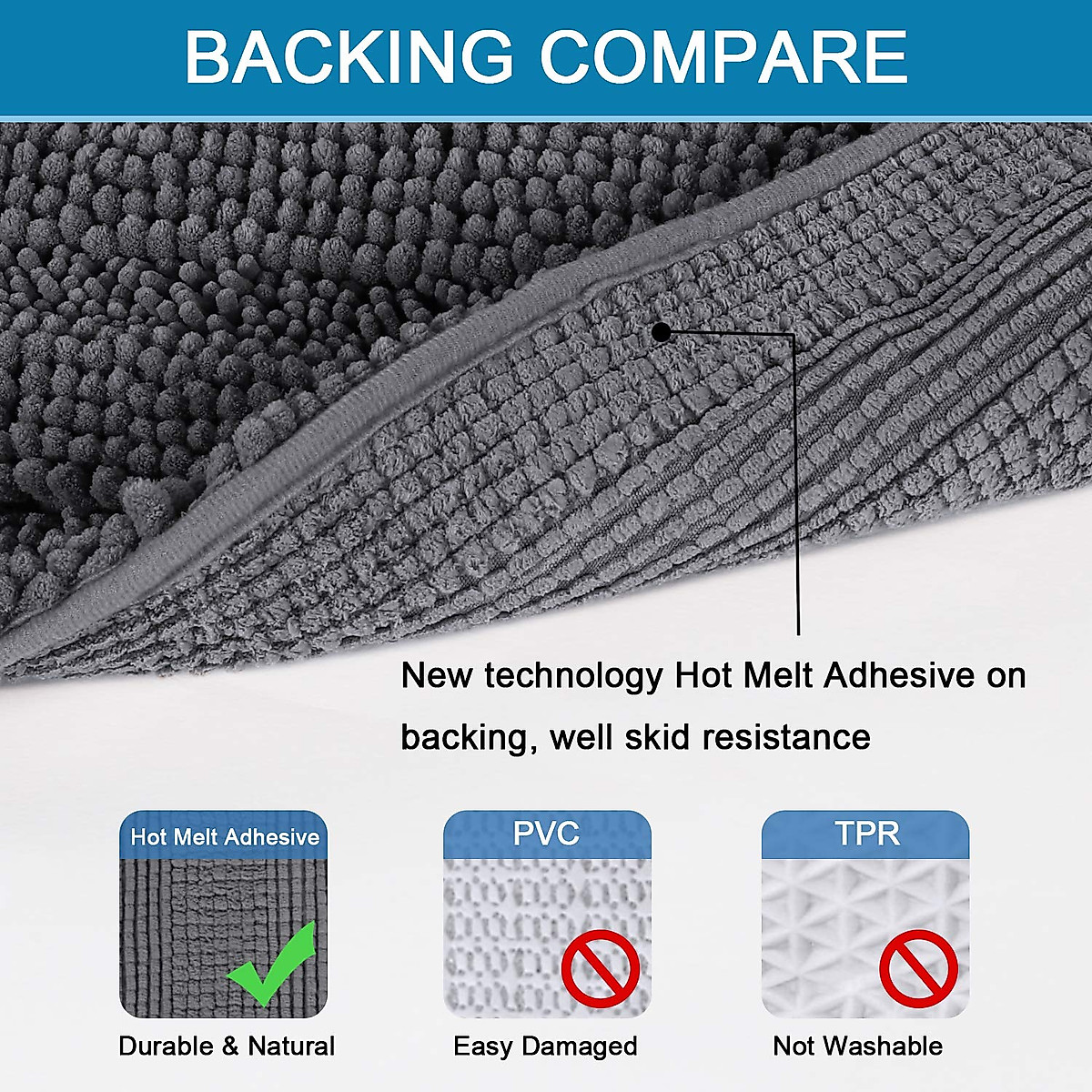 H.VERSAILTEX Bath Rugs for Bathroom Non Slip Bath Mats Extra Thick Chenille Striped Bath Rug Runners 47" x 17" Absorbent Fluffy Soft Shaggy Mats Dry Fast Plush Area Carpet for Bath Room - Grey